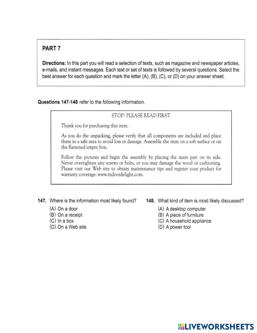 TOEIC PART 7 | Free Interactive Worksheets | 7868282