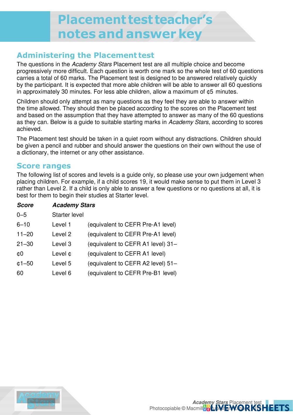 PLACEMENT TEST … | Free Interactive Worksheets | 8001964