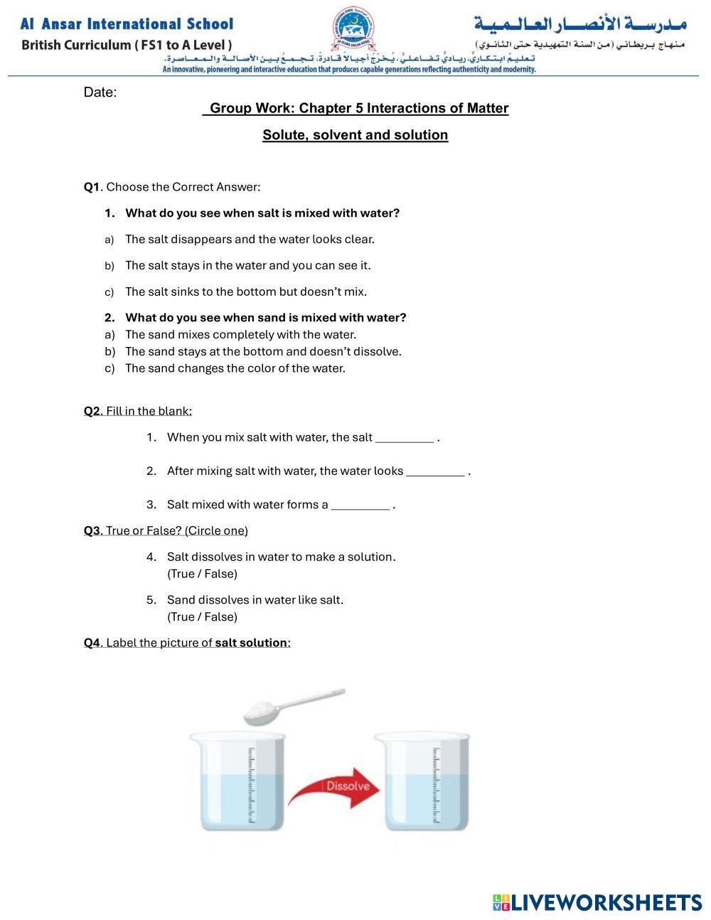 solute solvent solution worksheet