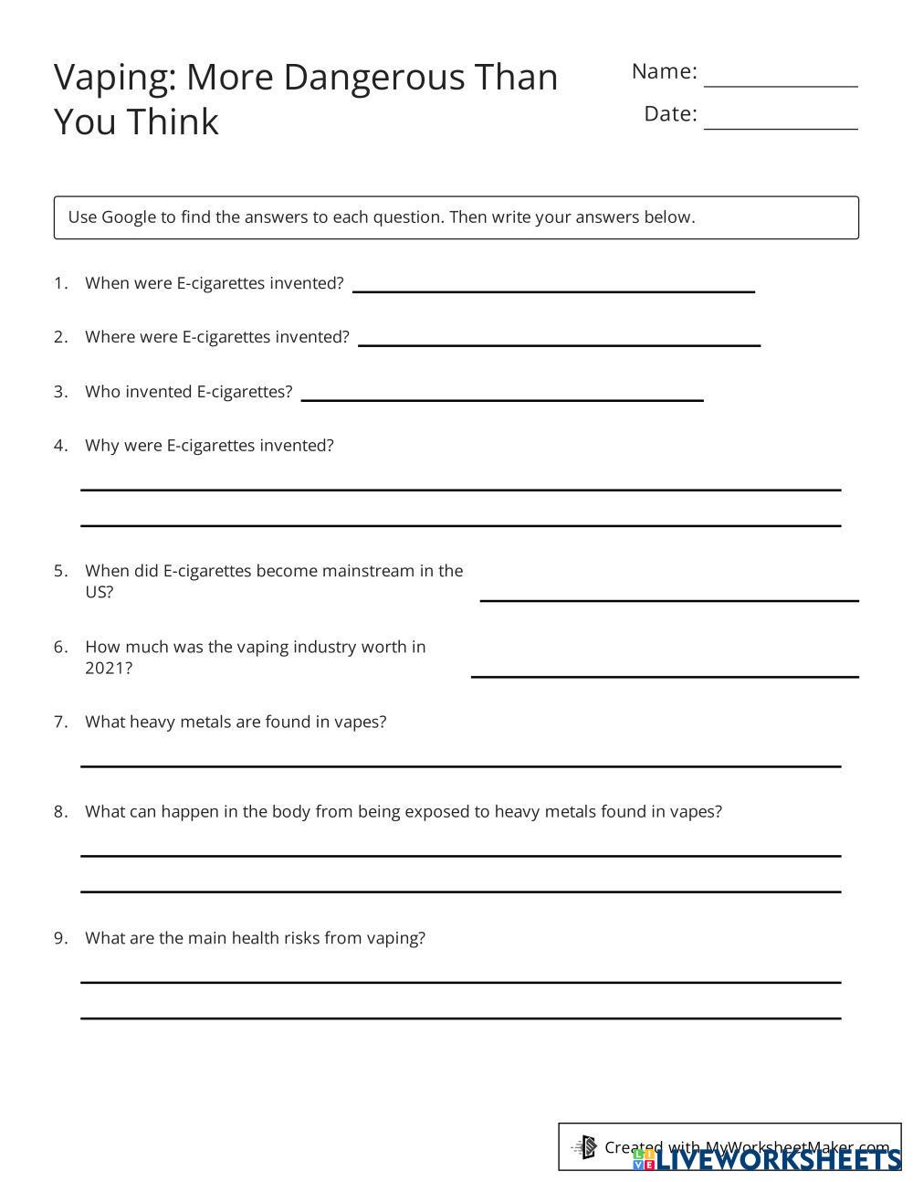 Vaping More Dan… | Free Interactive Worksheets | 8008944