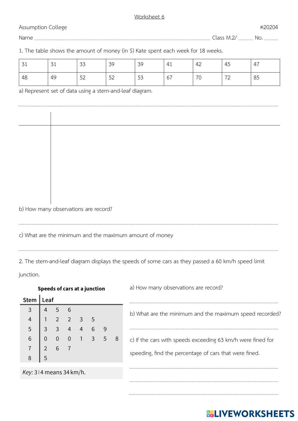 8018942 | Worksheet 6 Stem-and-Leaf Diagram | Donlaya_B