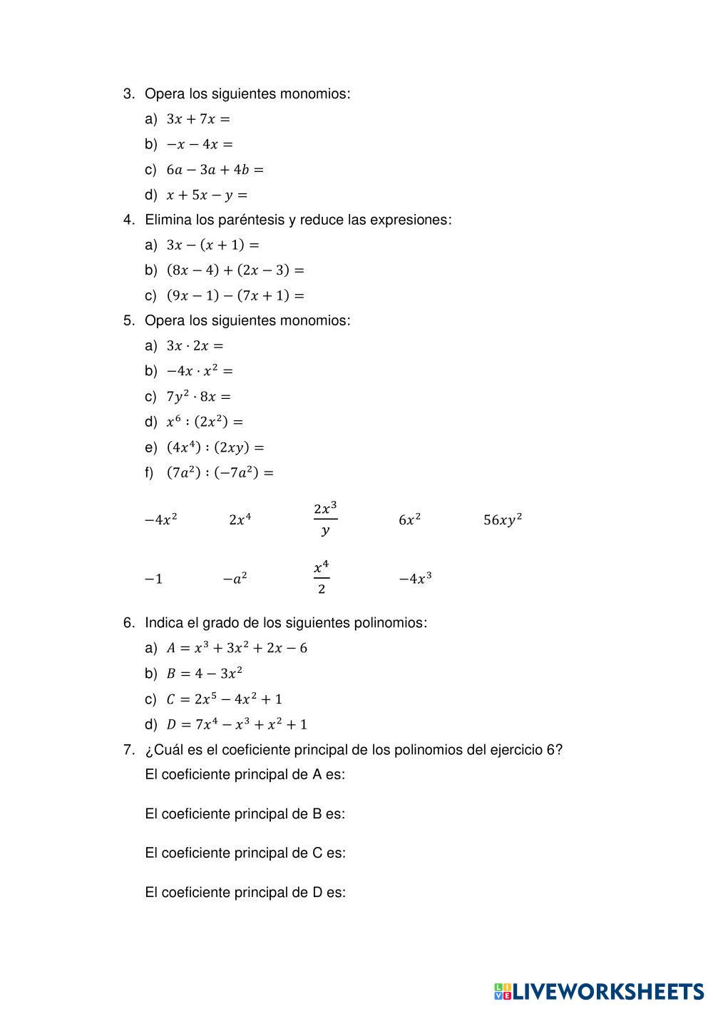 Expresiones alg… | Free Interactive Worksheets | 8019252
