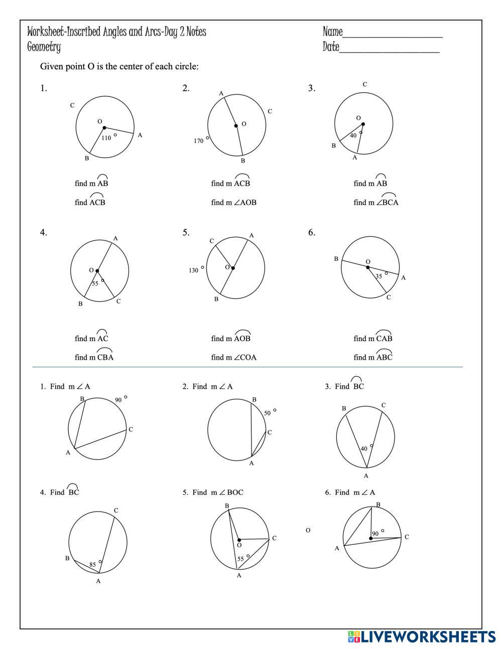 Central and Inscribed angles | LiveWorksheets | 8020147
