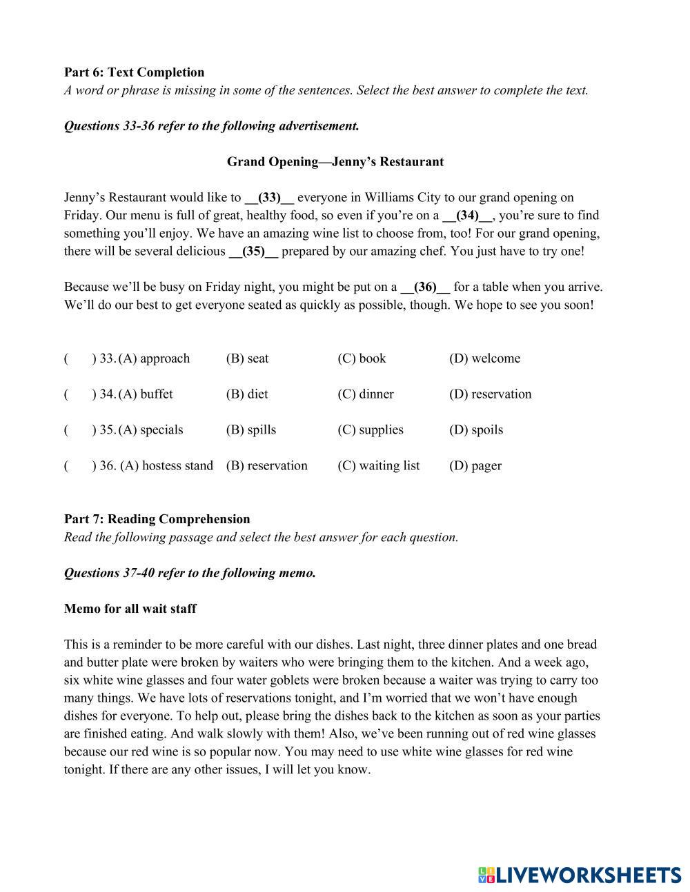 TOEIC Worksheet… | ESL Worksheets | 8249642