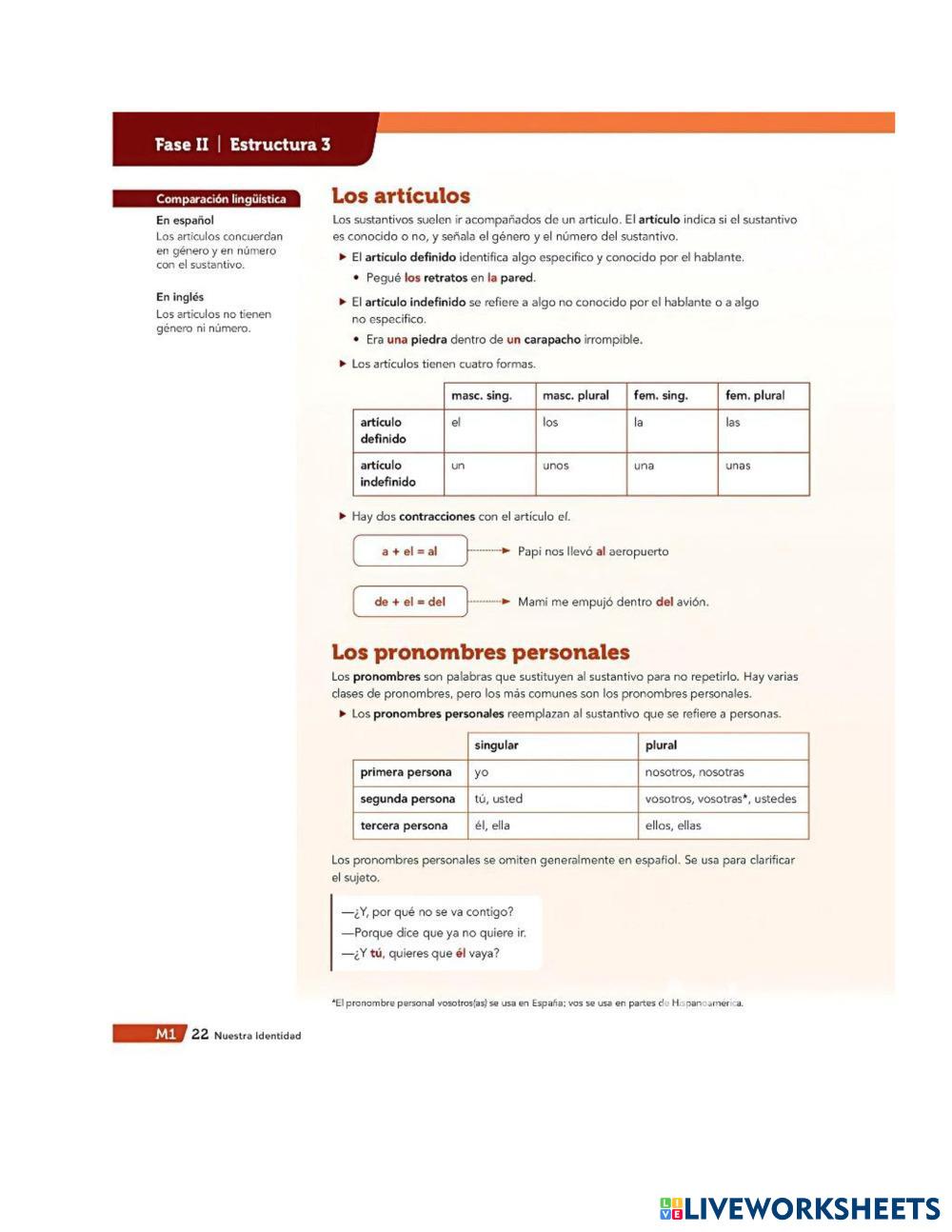 Los artículos | English Language Worksheets | 8283590