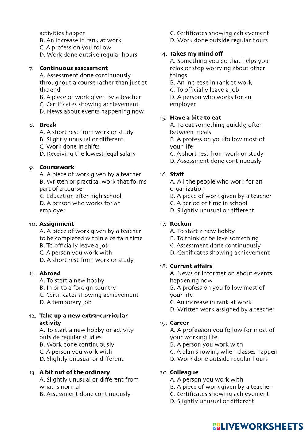 Vocabulary | English Language Worksheets | 8285940