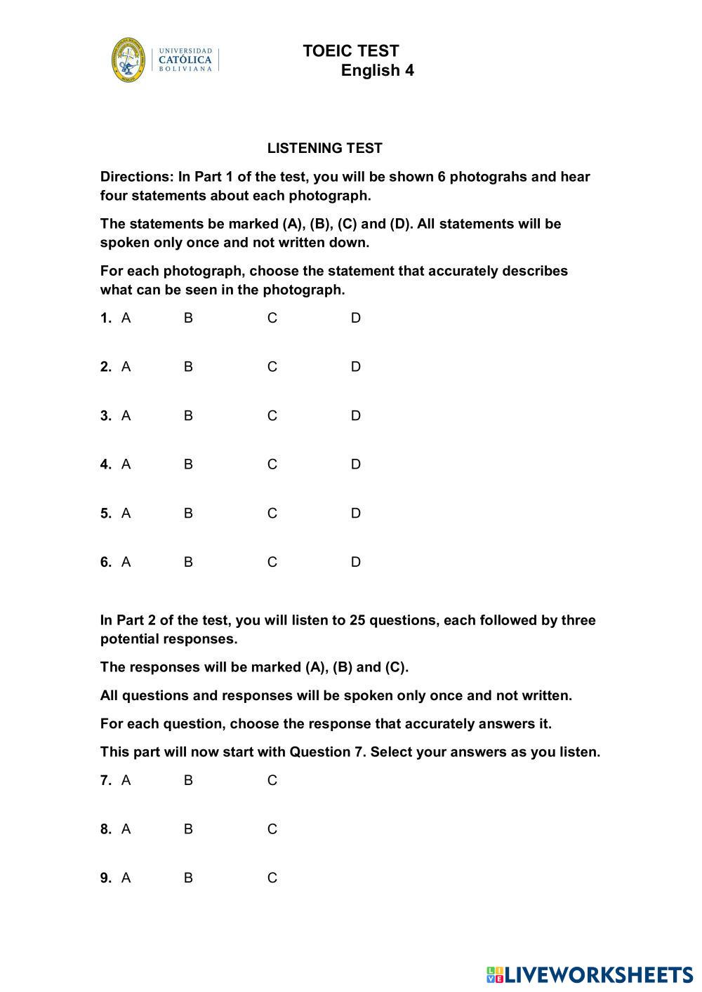 Listening Toeic | English Language Worksheets | 8288282