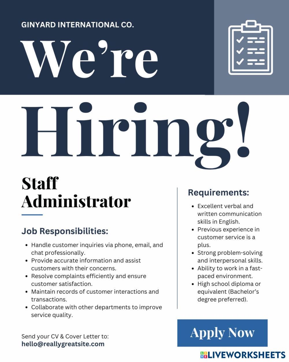 Job Application… | English Language Worksheets | 8289886