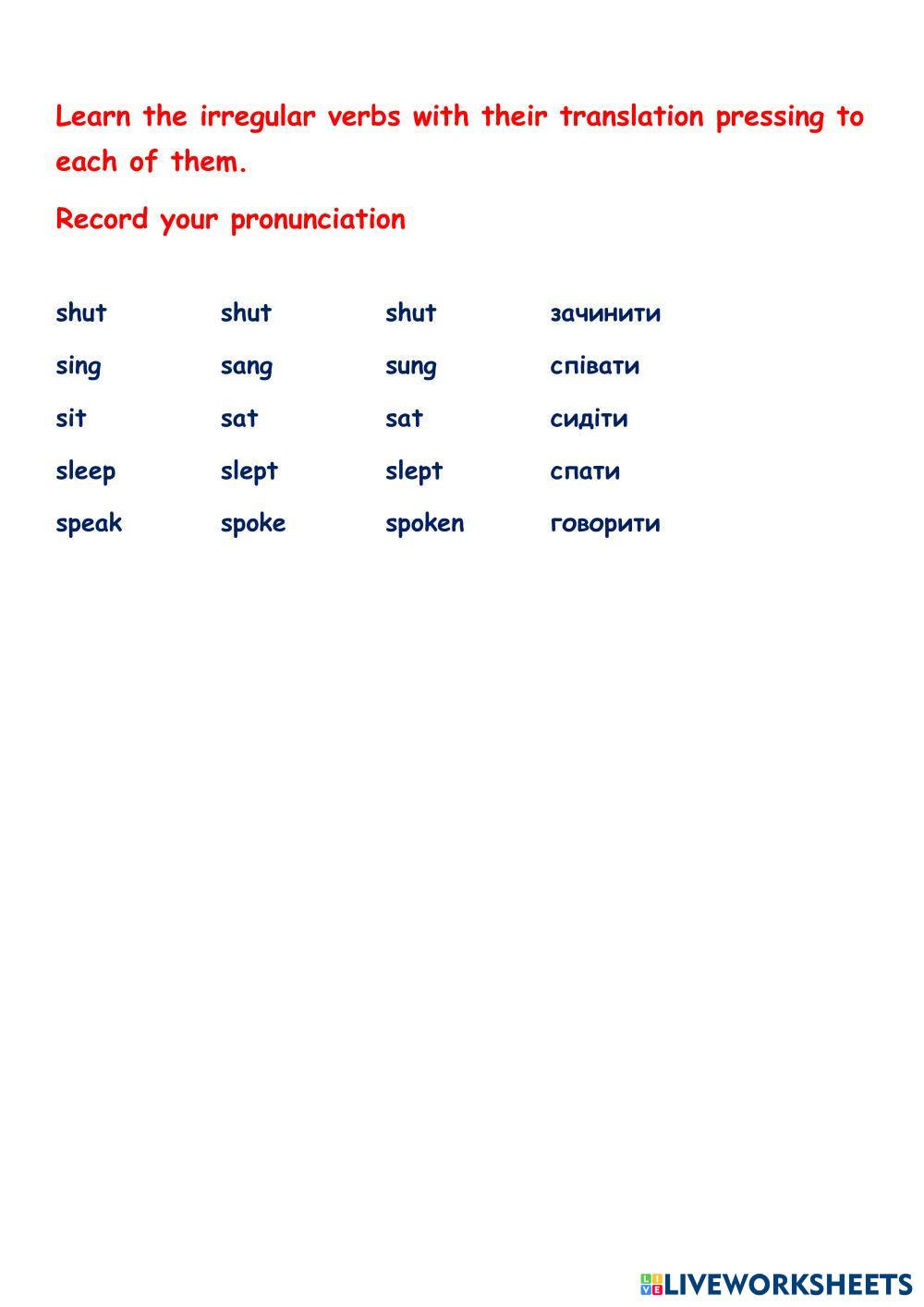 8024780 | Irregular verbs shut - speak | Shikollad