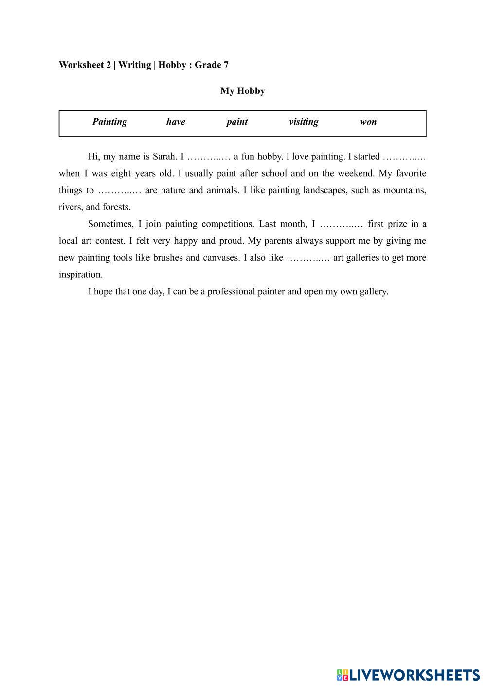 8035354 | Worksheet 2 | Writing | Hobby : Grade 7 | Heri
