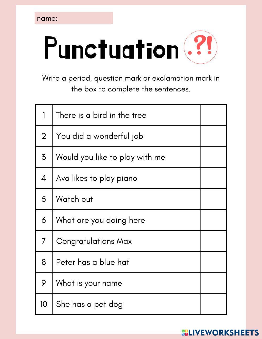 question mark punctuation worksheet