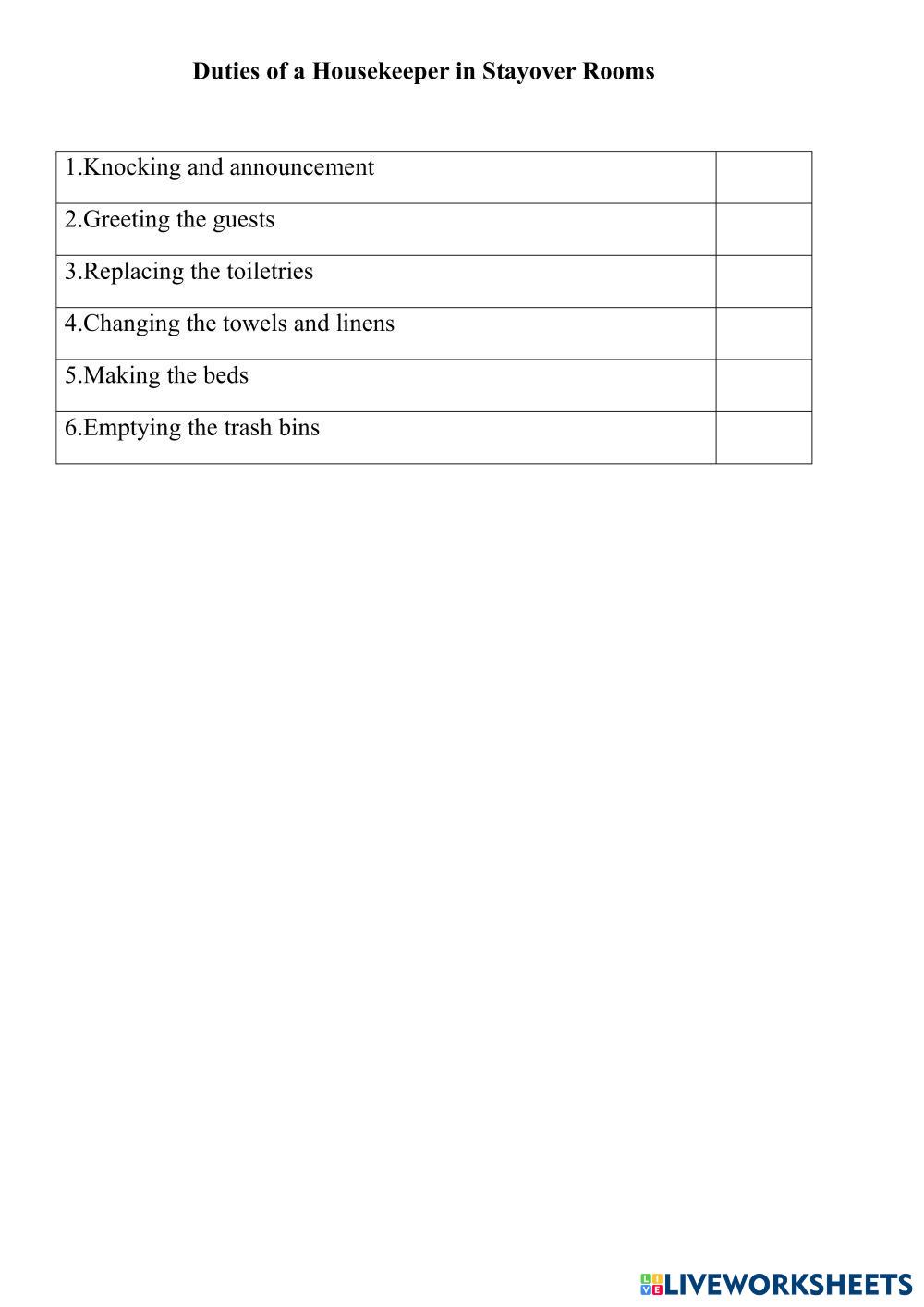 Housekeeping se… | Free Interactive Worksheets | 8048621