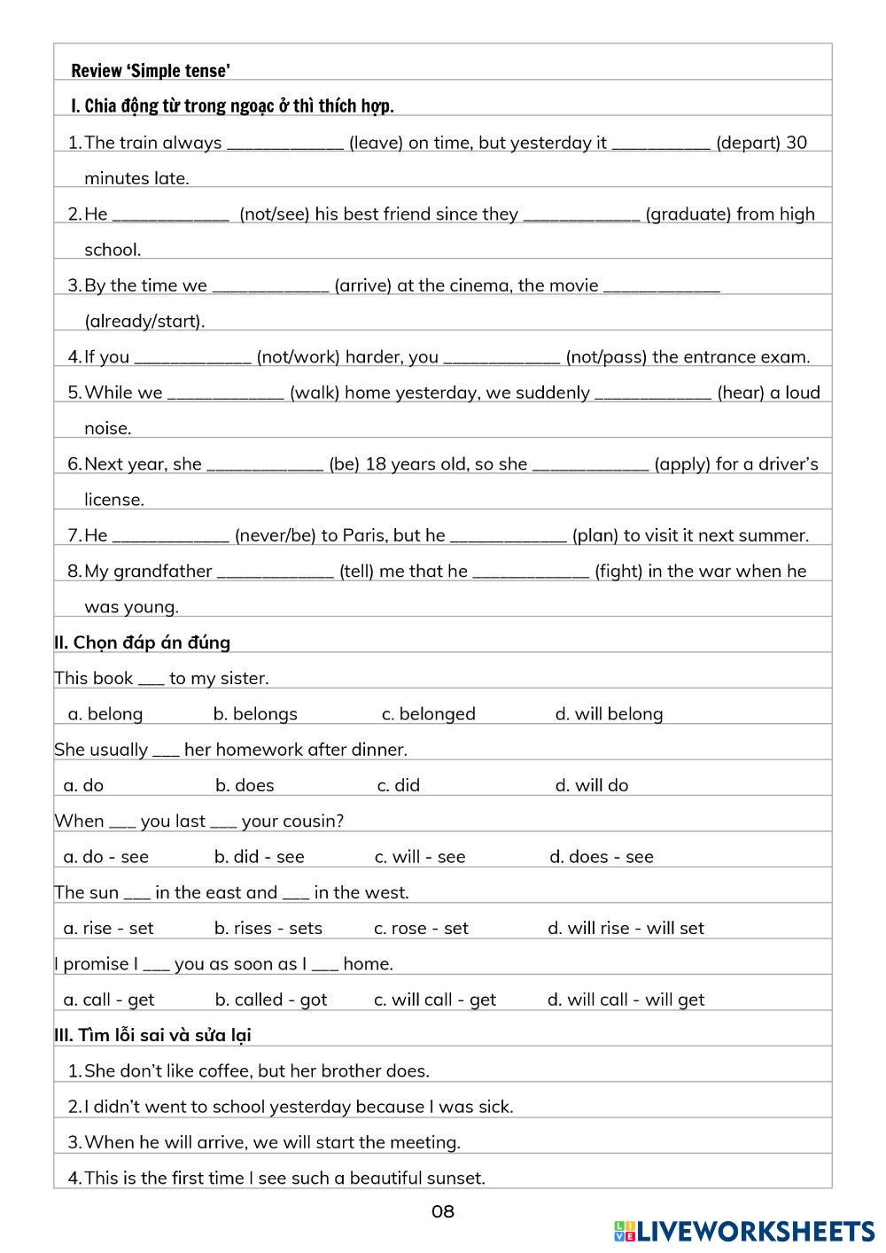 8050985 | Grade 9. Tense (Review Simple Tenses)