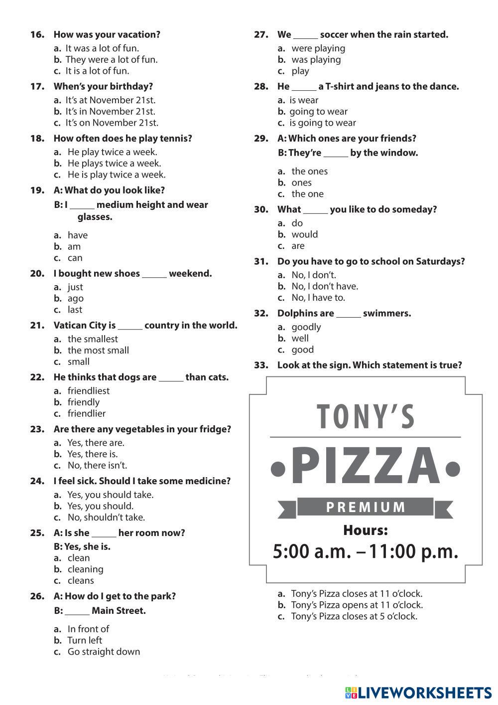 Placement Test | Free Interactive Worksheets | 8053928