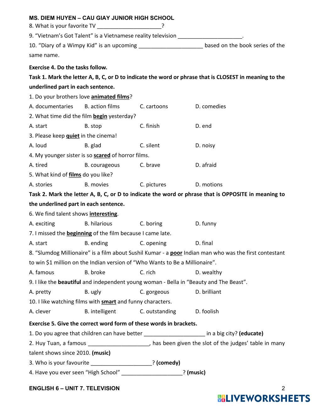 Unit 7. Televis… | Free Interactive Worksheets | 8058242