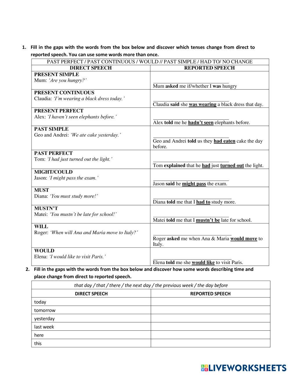 B1 Reported Spe… | Free Interactive Worksheets | 8078521