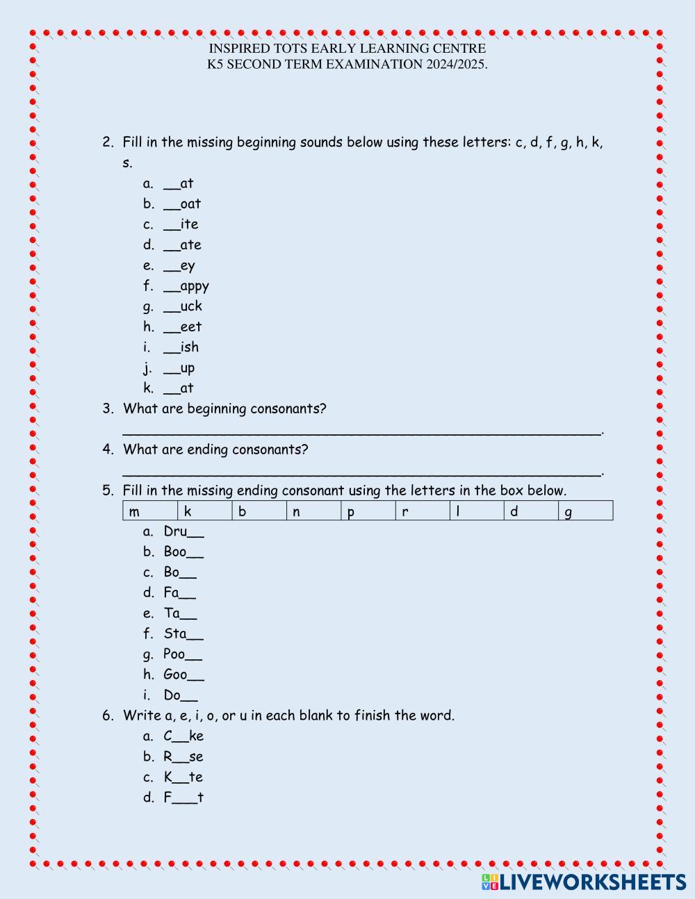Inspired tots elc | LiveWorksheets | 8082166