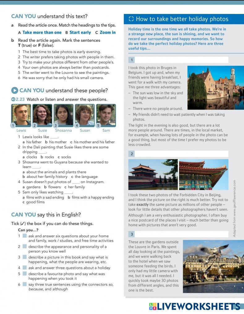 Reading & Listening | Revise and Check | EF A2 | Units