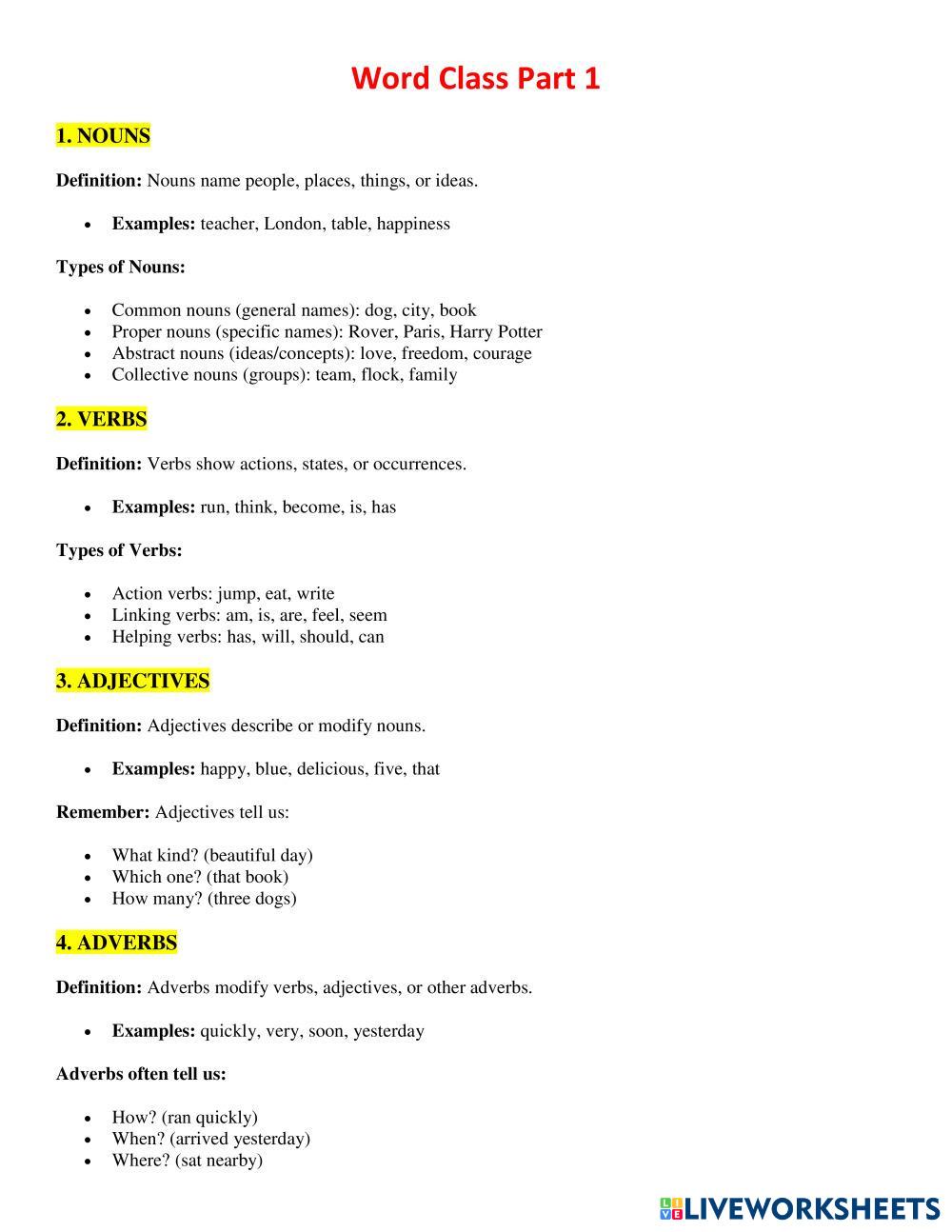 Word Class Part 1 | LiveWorksheets | 8105354