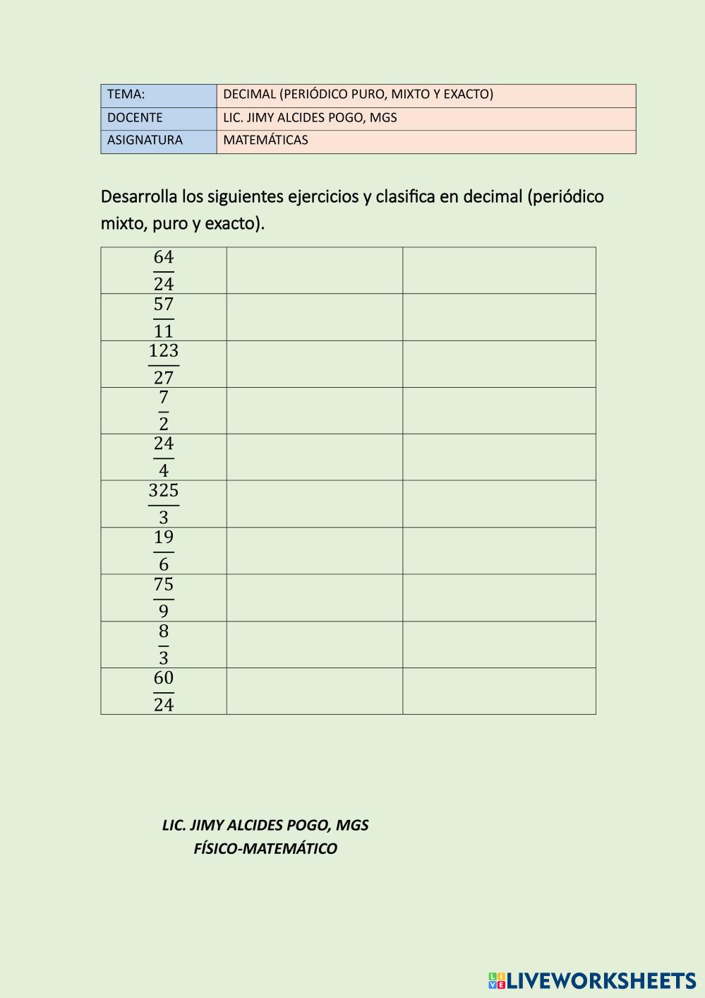 DECIMAL (PURO, … | Free Interactive Worksheets | 8107315