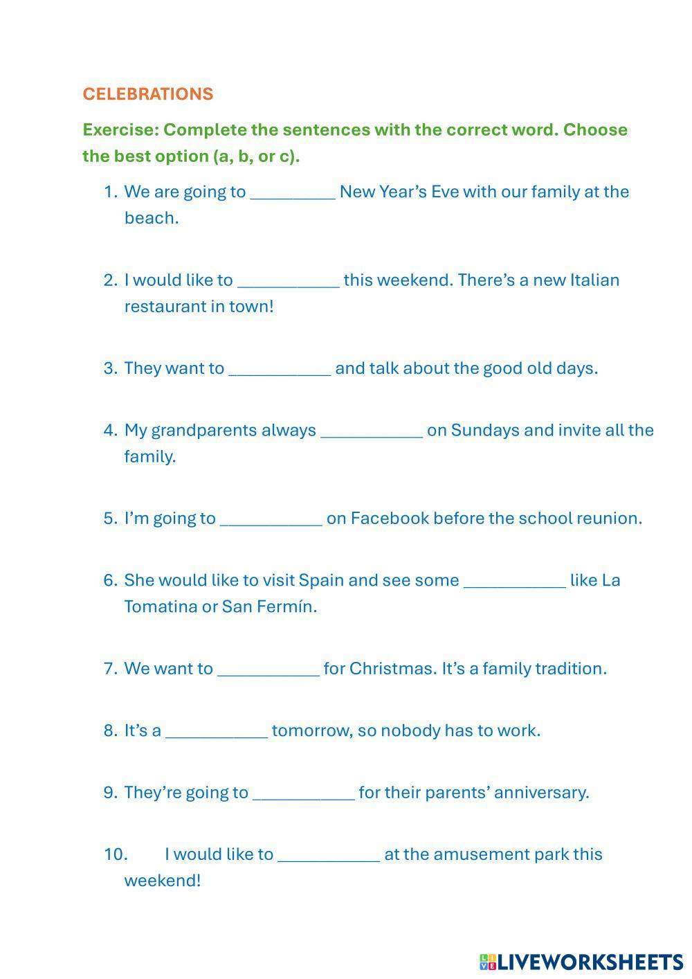 CELEBRATIONS | Free Interactive Worksheets | 8107316