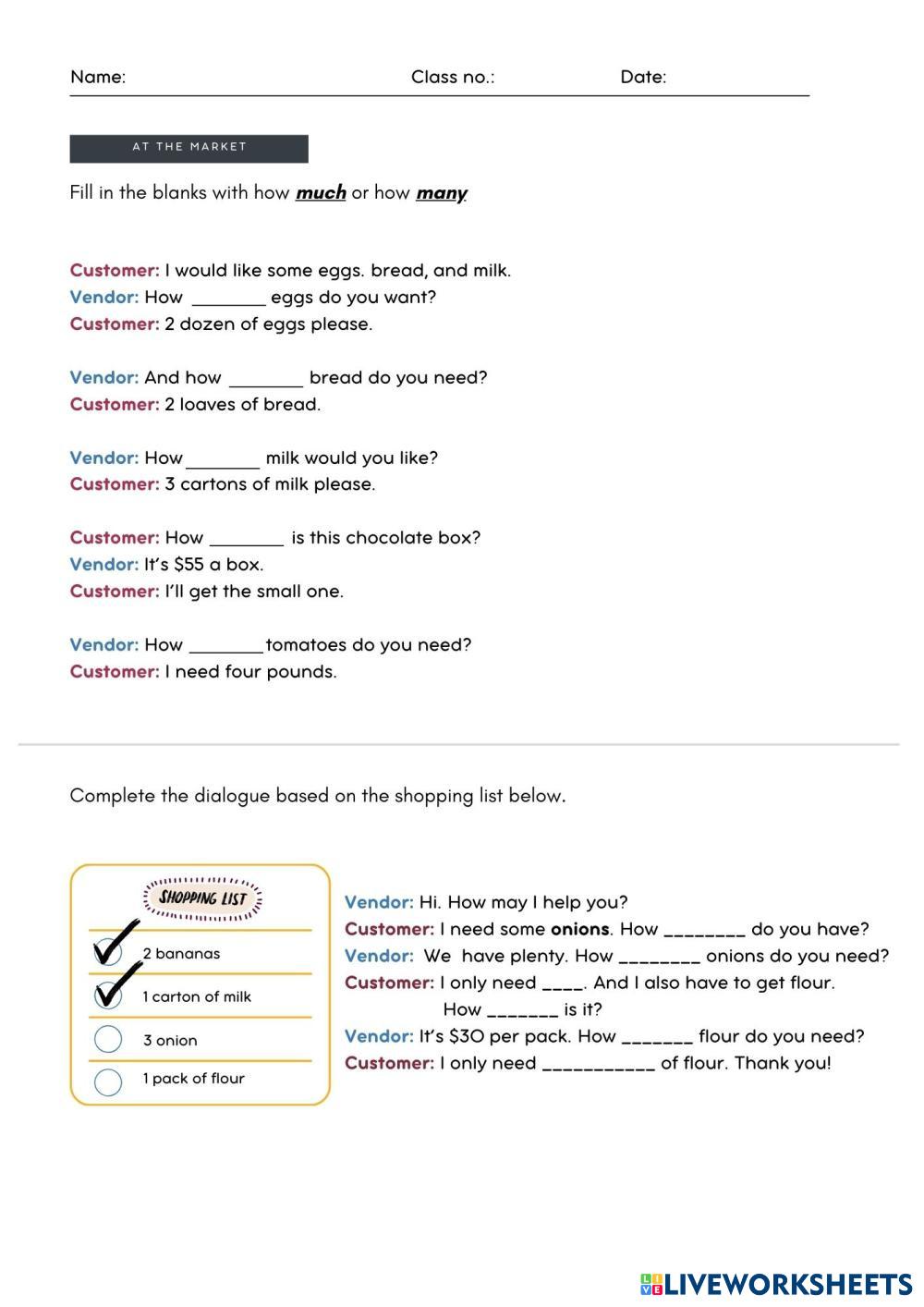 At the Market | Free Interactive Worksheets | 7854032