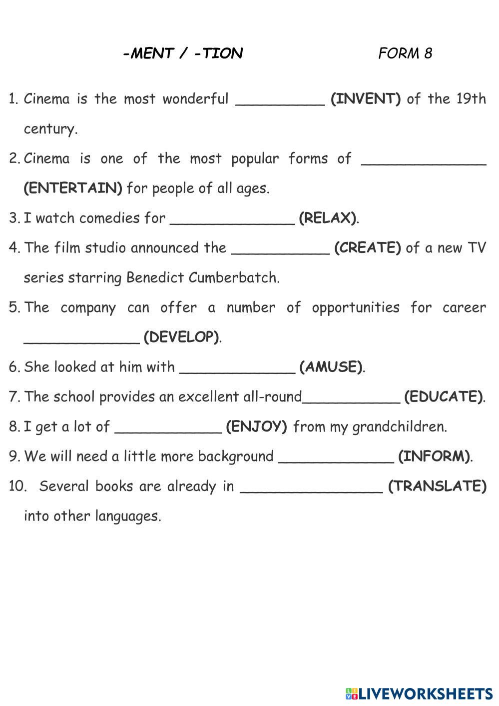 8118482 | -ment / -tion | Mika_tima | LiveWorksheets