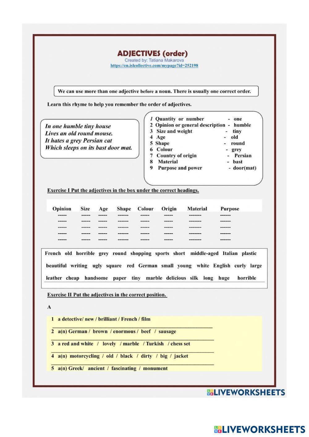 8139695 | Adjective Order | Hoa Le Kim | LiveWorksheets