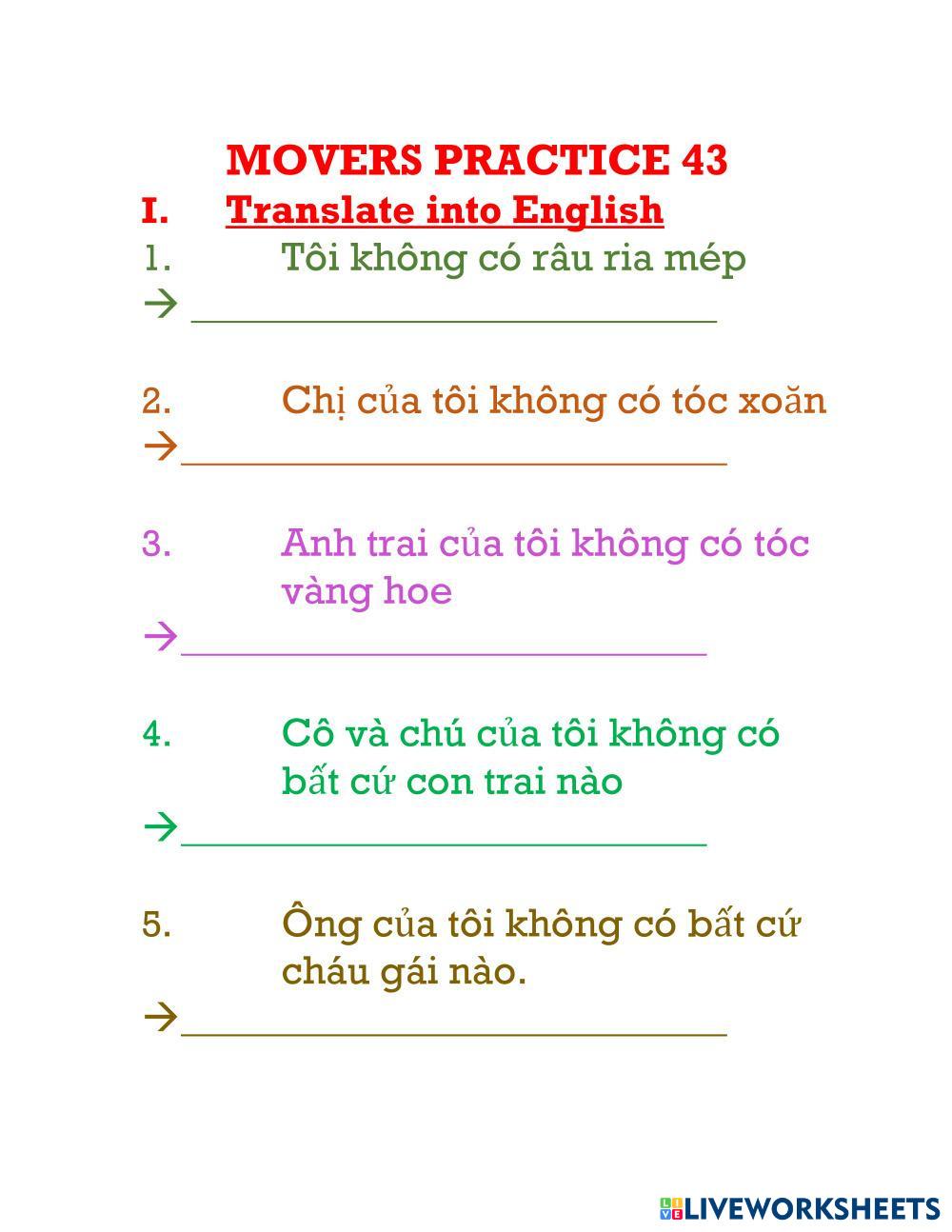 MOVERS PRACTICE… | English Language Worksheets | 8141546