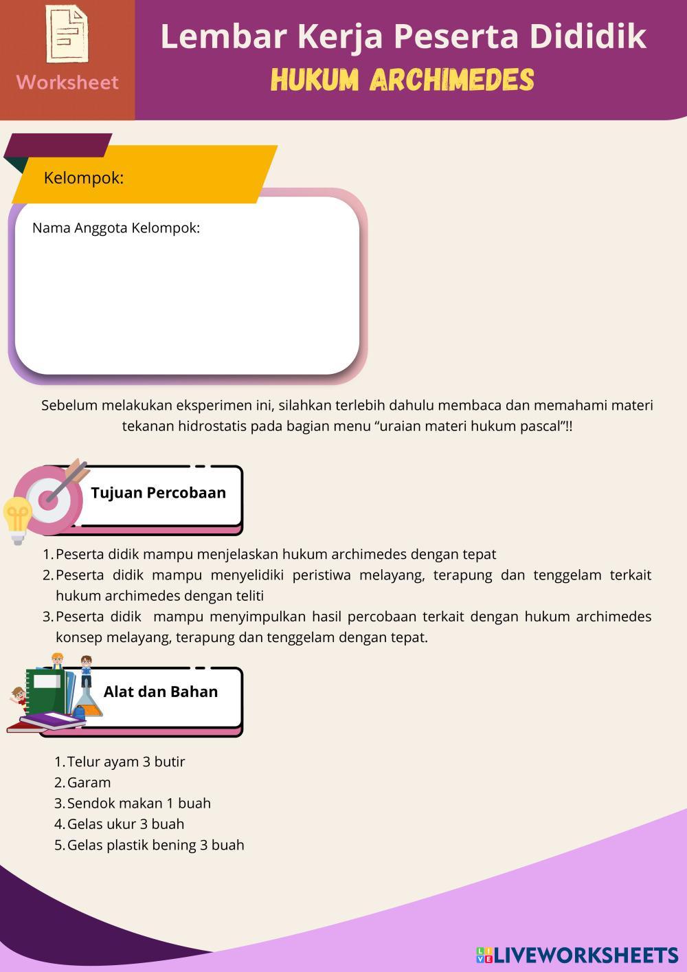Hukum Archimedes | Science Worksheets | 8142413