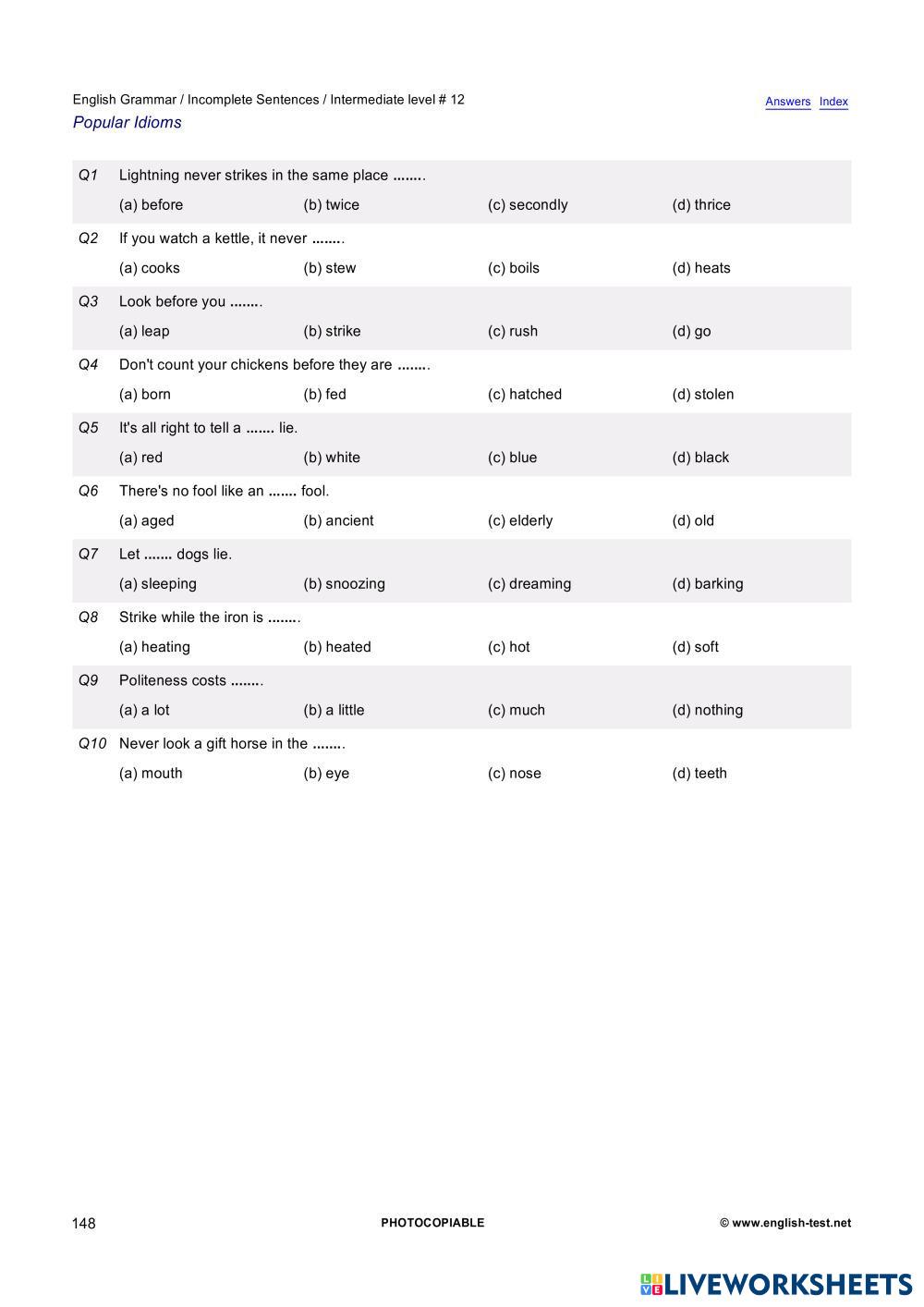 12. Popular Idi… | English Language Worksheets | 8152677