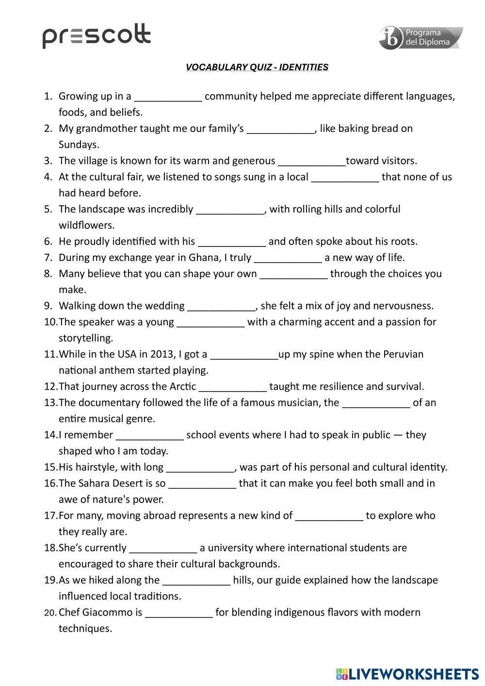 Identities - Vo… | English Language Worksheets | 8152855