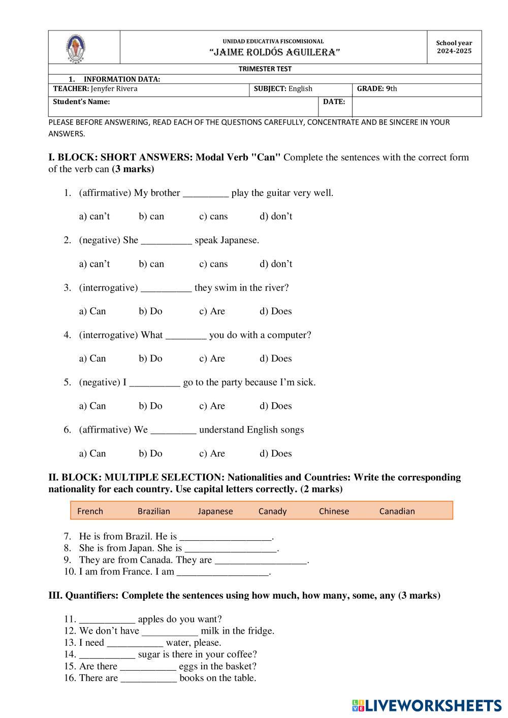 TEST THIRTH EVA… | Language Arts Worksheets | 8159955