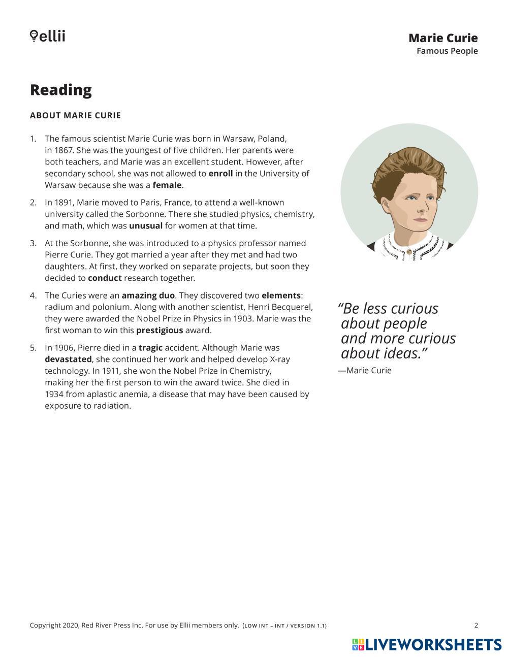 Marie Curie | English Language Worksheets | 8171611