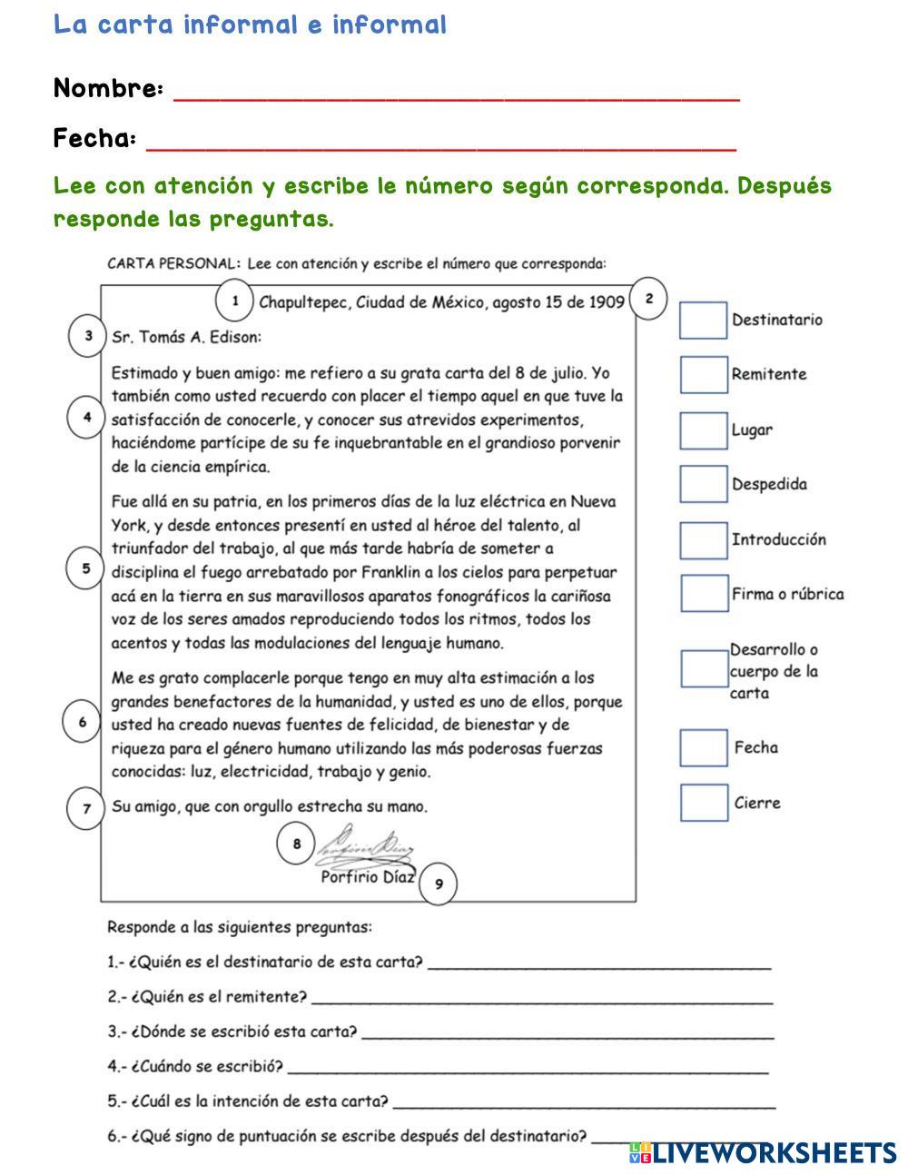 La carta inform… | Language Arts Worksheets | 8173513