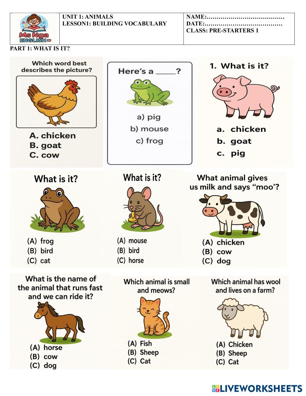 UNIT 1- ANIMALS… | ESL Worksheets | 8177754