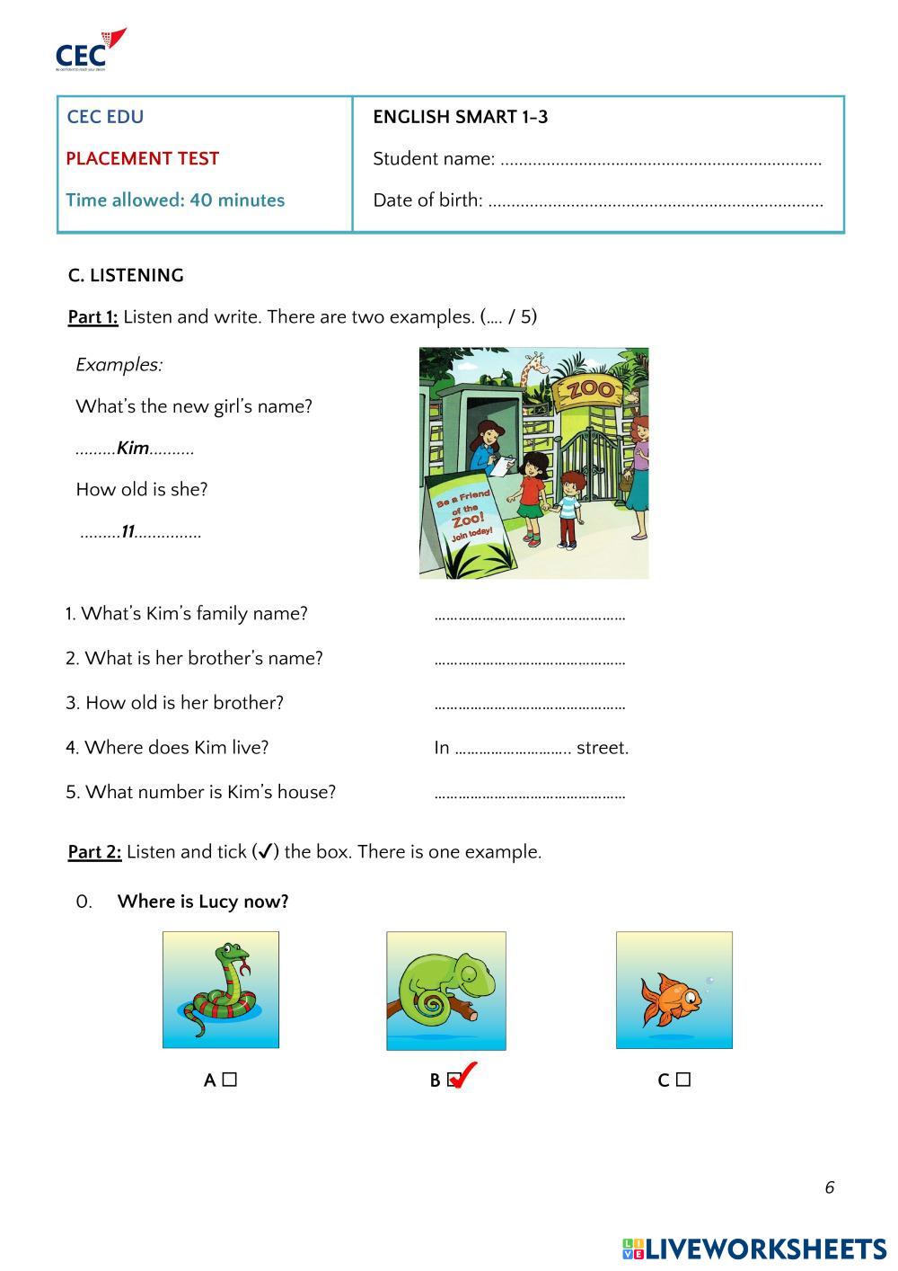 ES1-3 Placement… | ESL Worksheets | 8181062