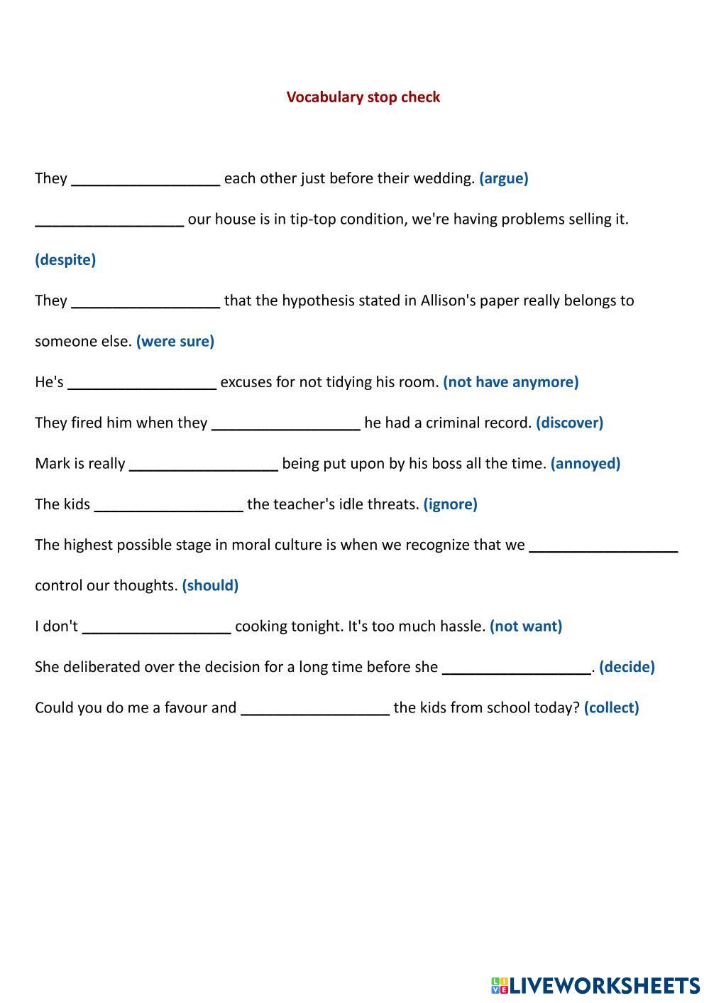 Vocabulary check | ESL Worksheets | 7861834