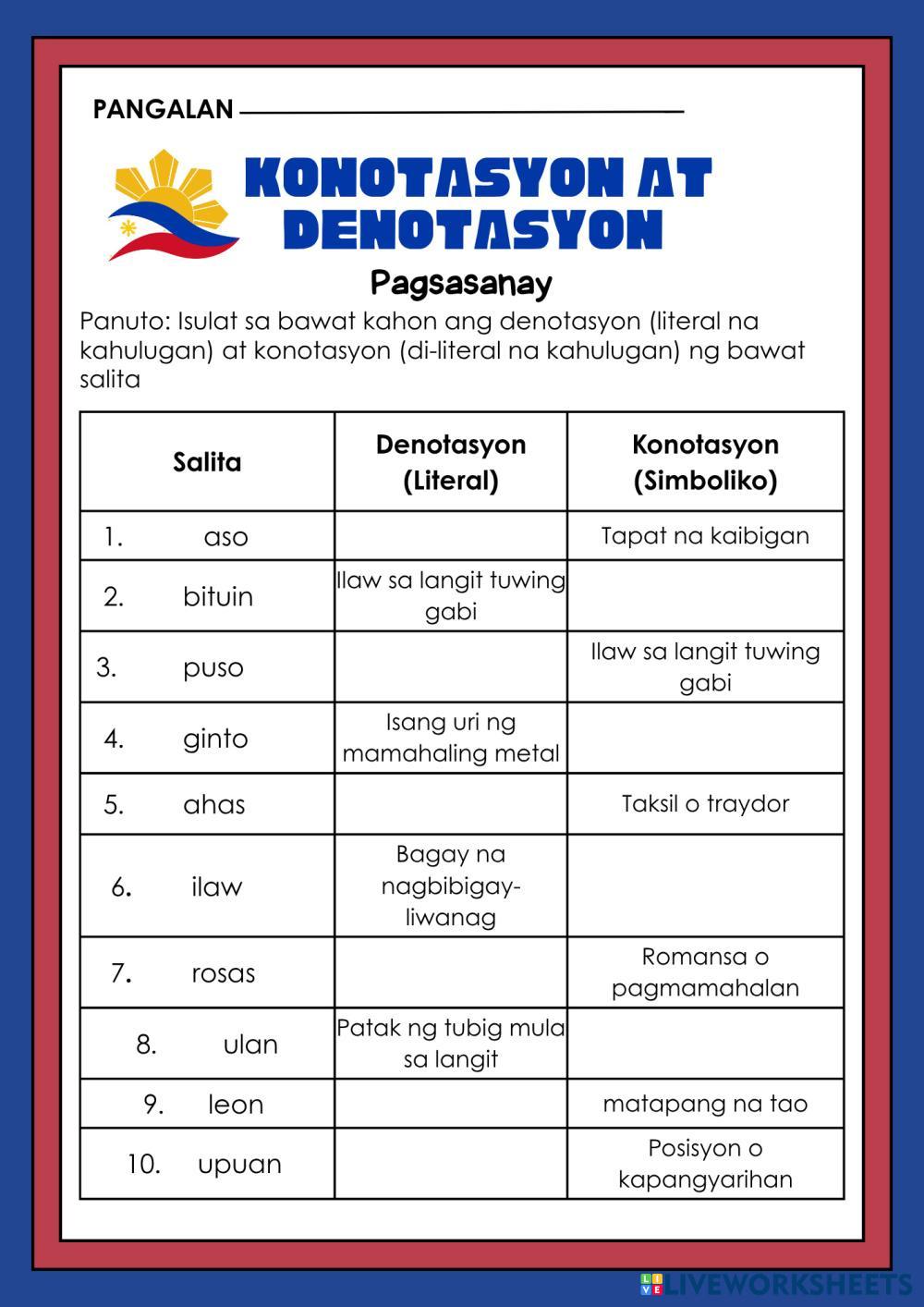 Konotasyon at D… | English Language Worksheets | 8185735