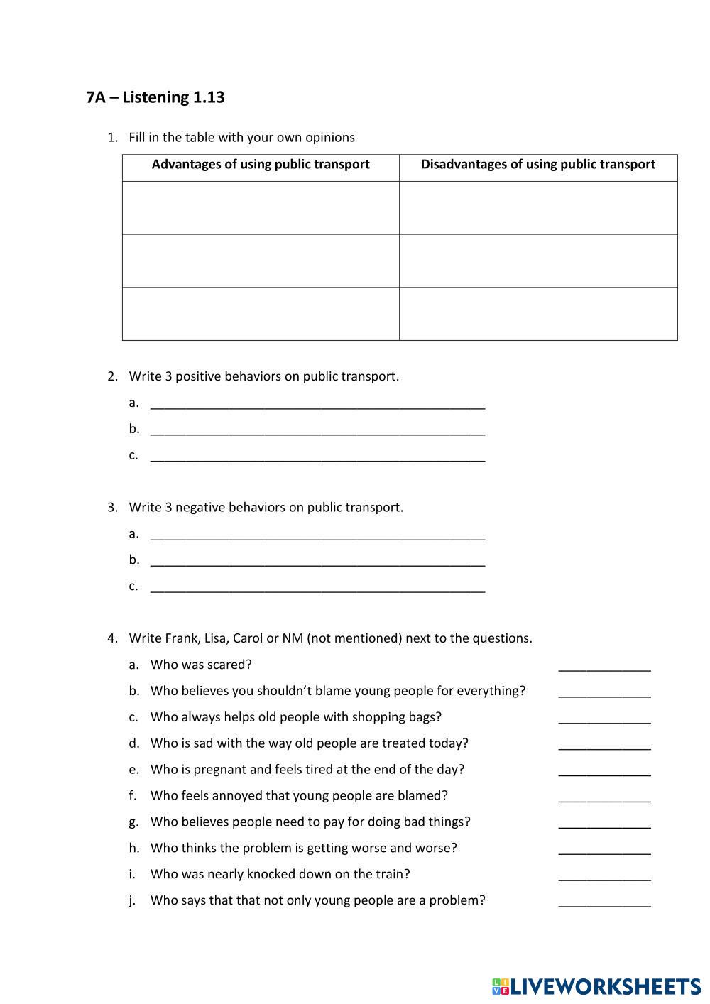 7A Listening1 | Language Arts Worksheets | 8189048