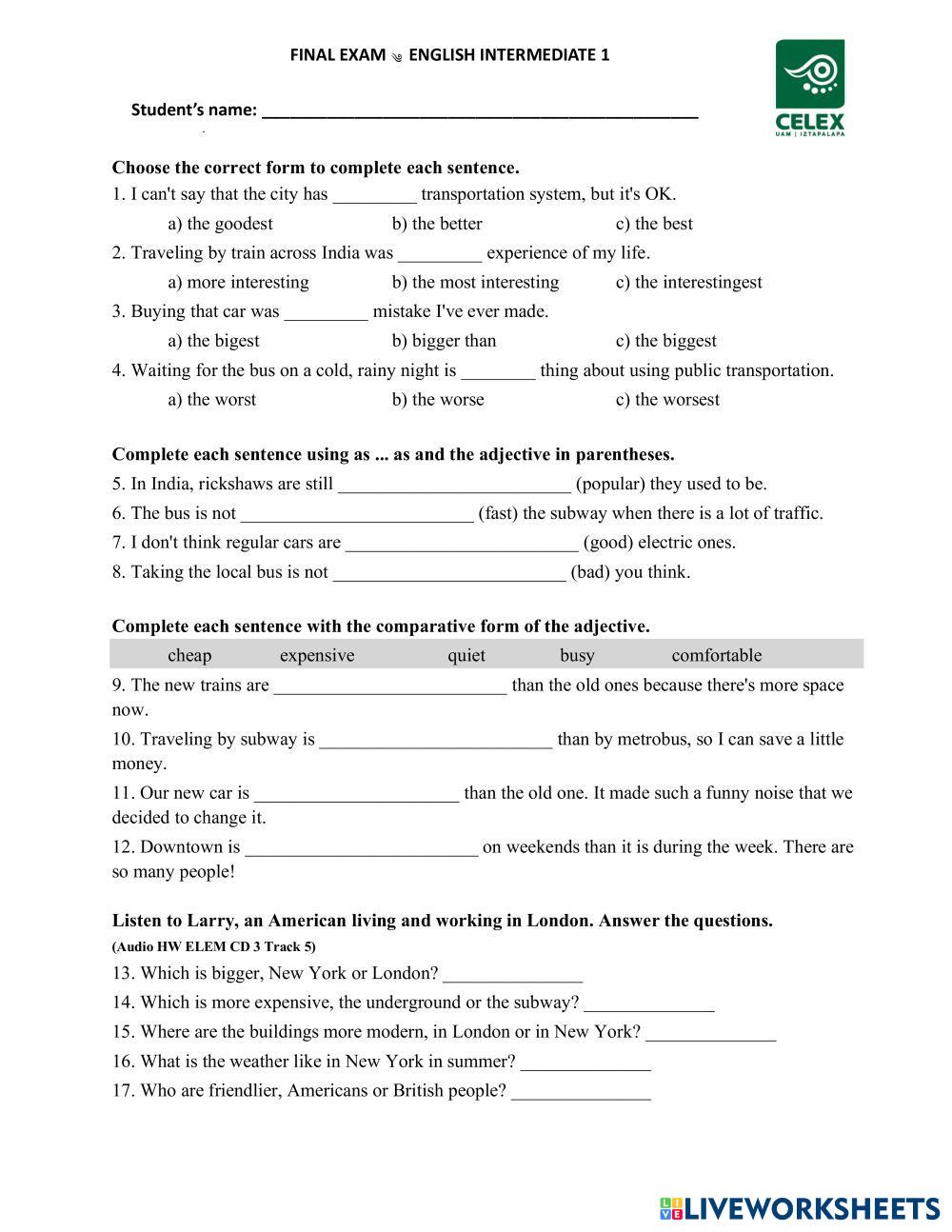 INTERMEDIATE 1 … | ESL Worksheets | 8196290