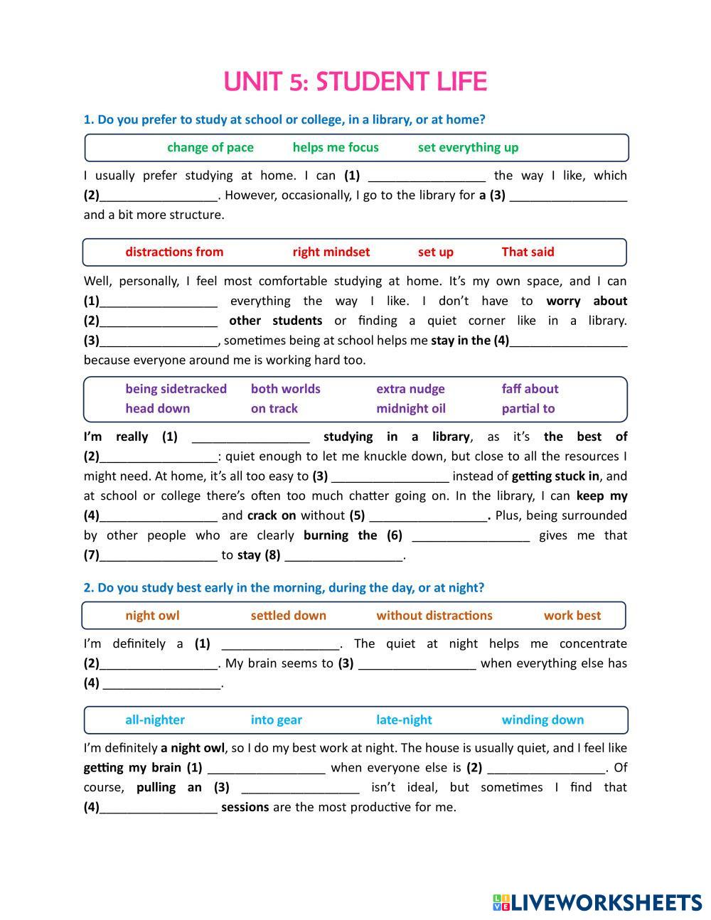 UNIT 5 - Studen… | ESL Worksheets | 8199584