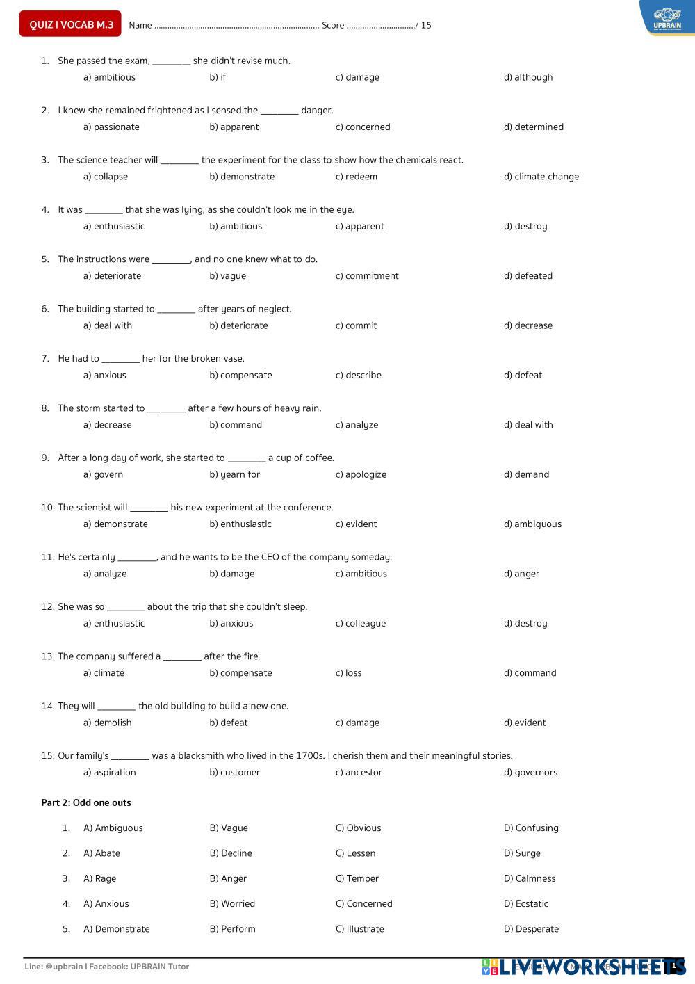 QUIZ M3 VOCAB | English Language Worksheets | 8202916