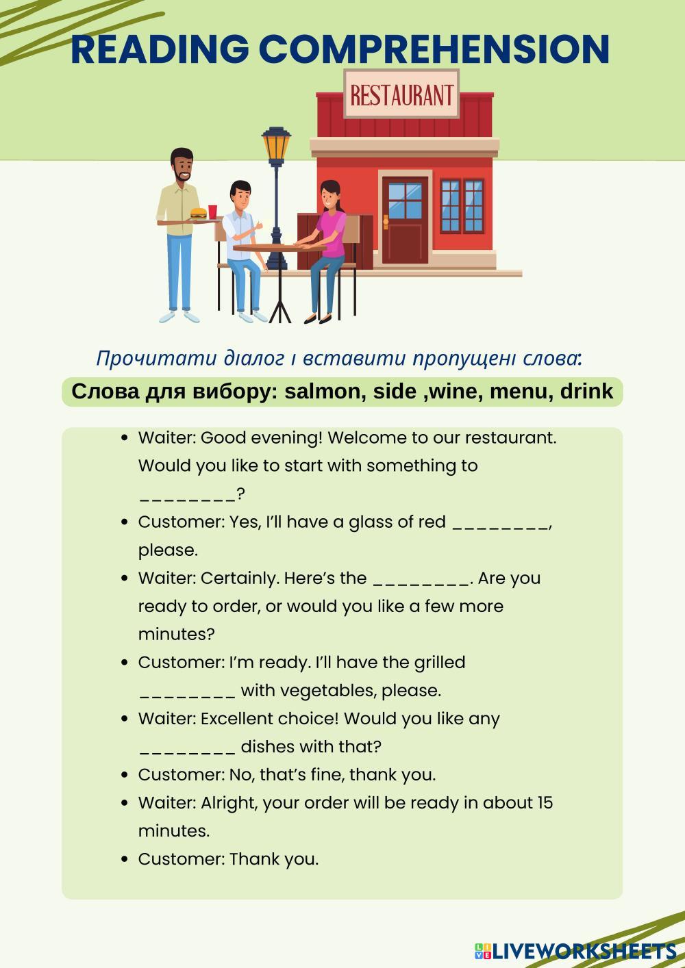 At a restaurant | ESL Worksheets | 8217231