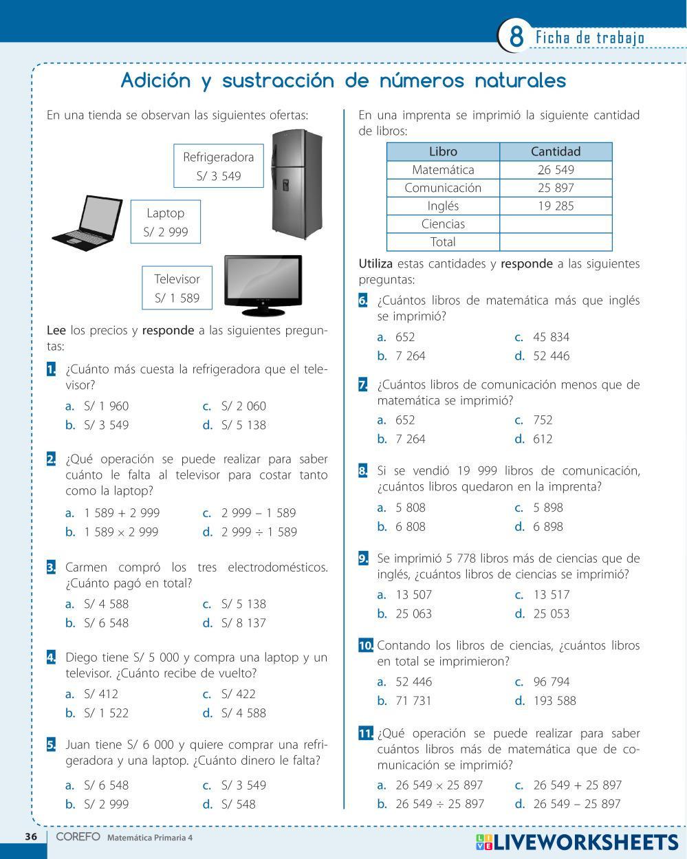 Sumas y Restas | Math Worksheets | 8218103