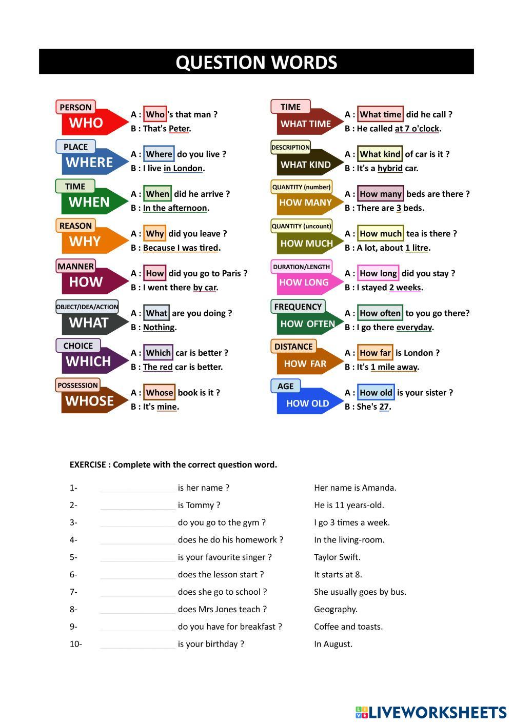 question words | ESL Worksheets | 8222095
