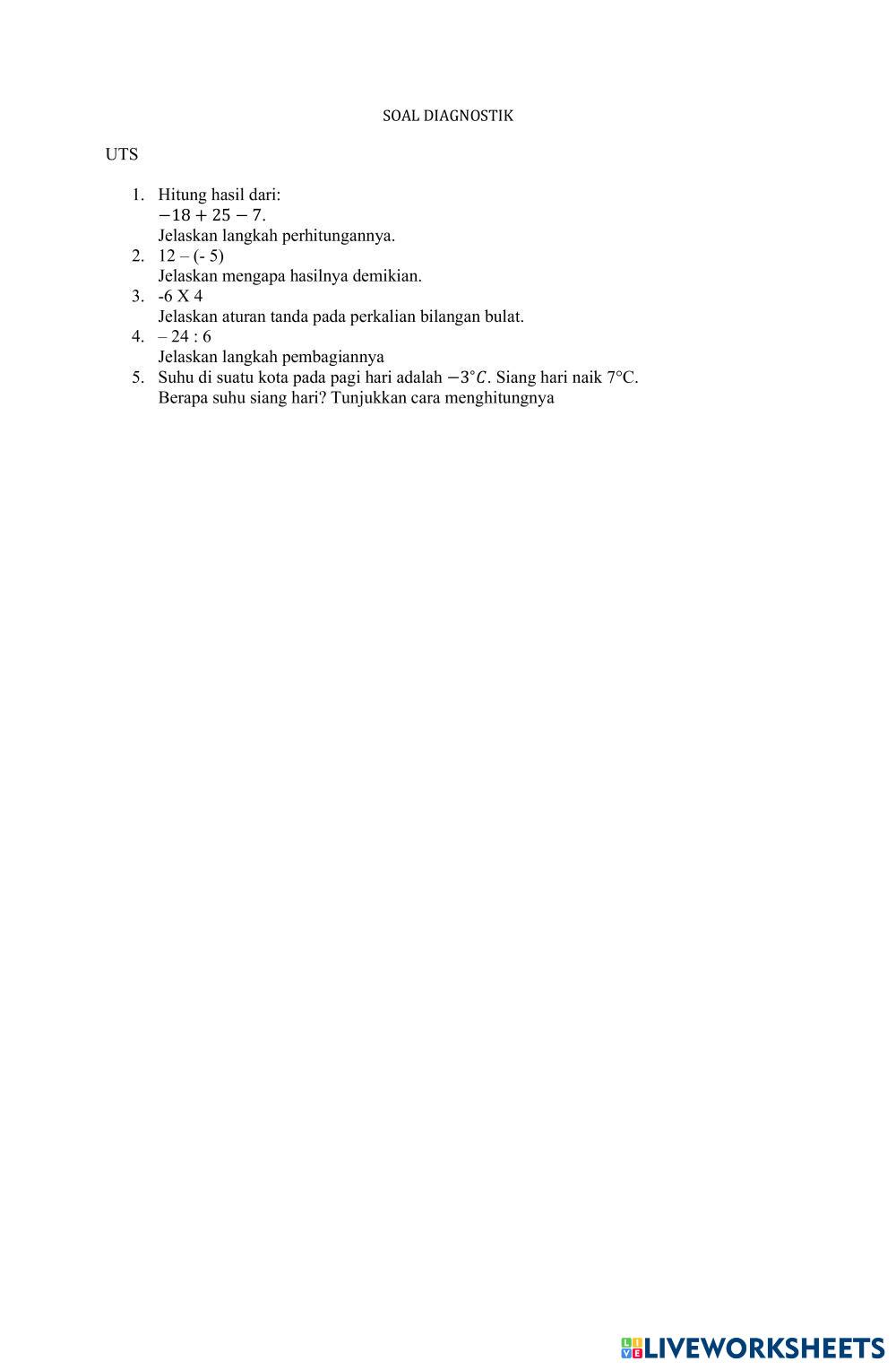 Diagnostik UTS | Math Worksheets | 8329108