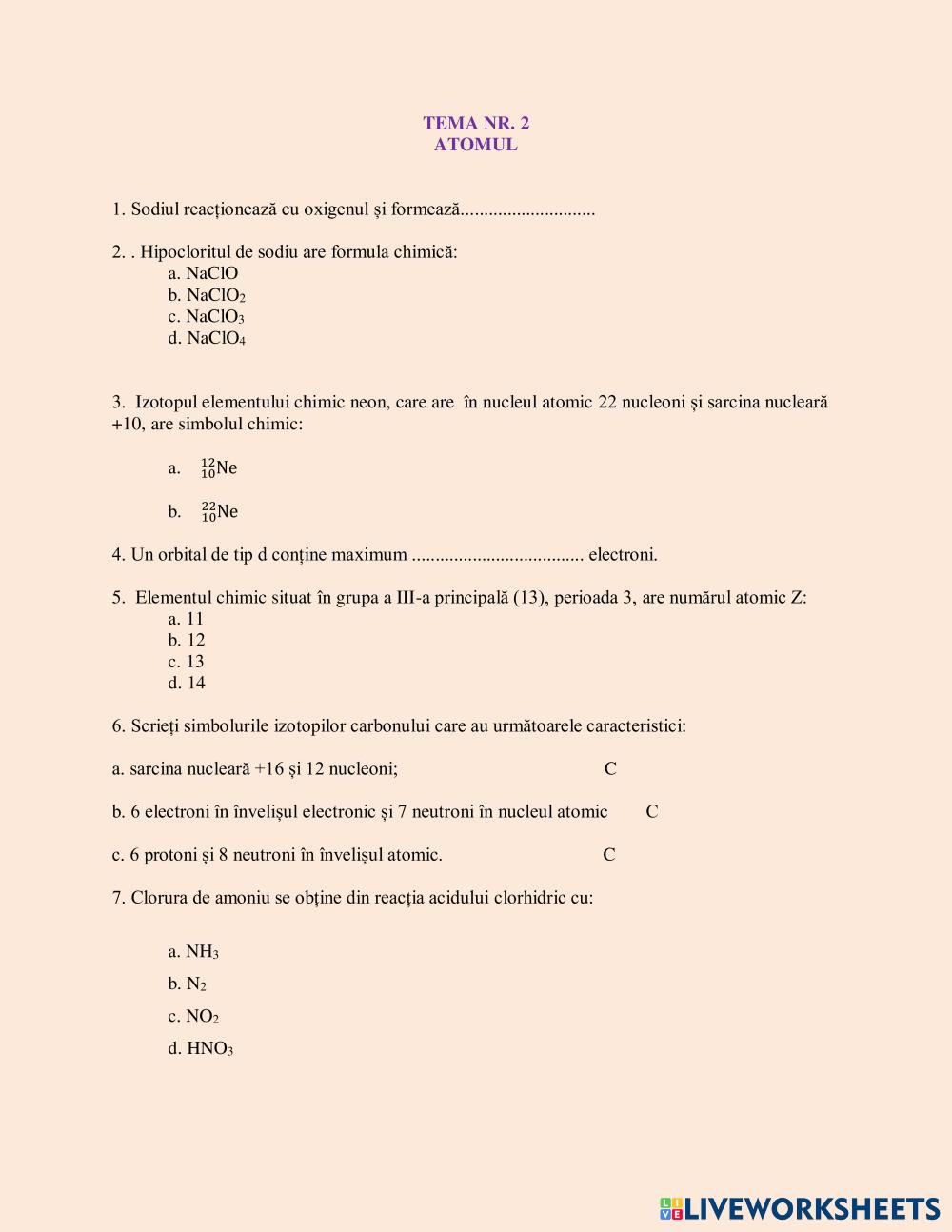 Tema nr. 2 Atom… | Science Worksheets | 8331245