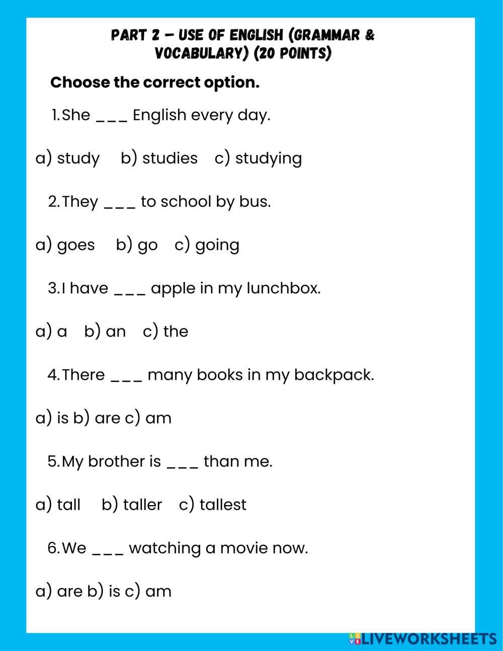 PART 2 (GRAMMAR) | English Language Worksheets | 8331323