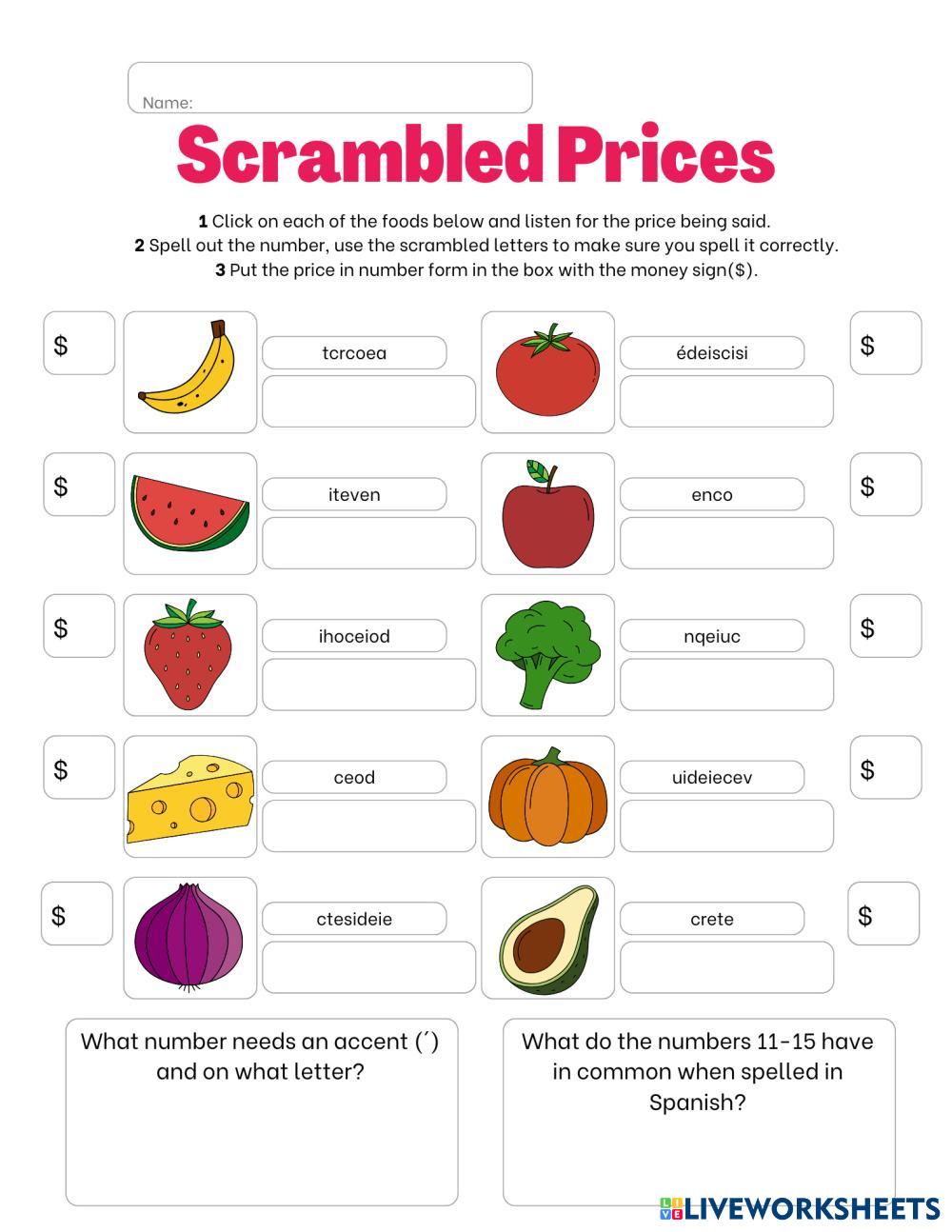 Scrambled Prices | ESL Worksheets | 8332058